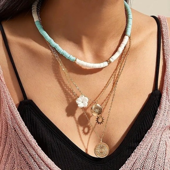 Jewelry | Goldtone Summer Vsco Hibiscus Beachy Layered Necklace | Poshmark